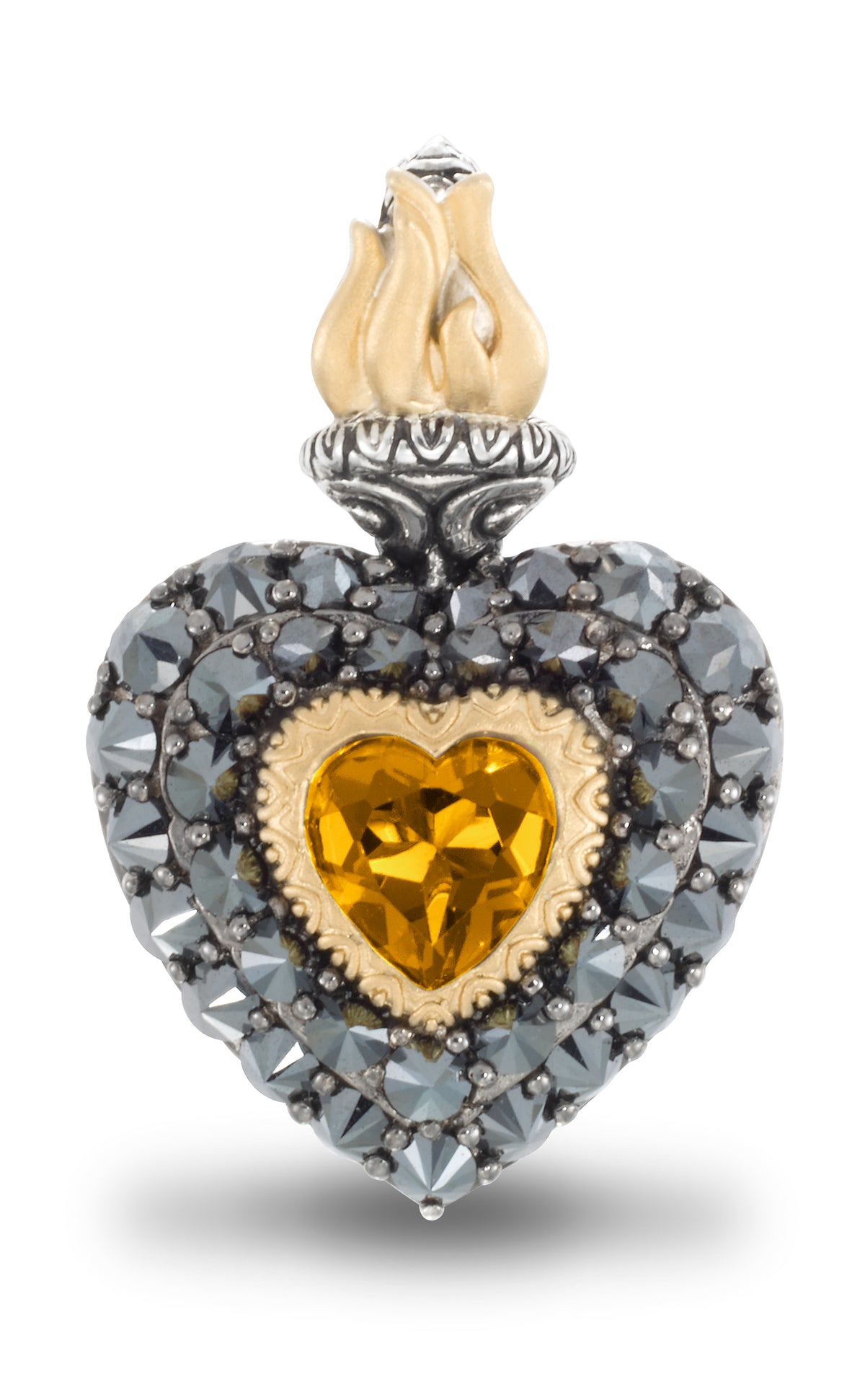 Flaming Heart Charm – Citrine & Hematite– Barbara Bixby